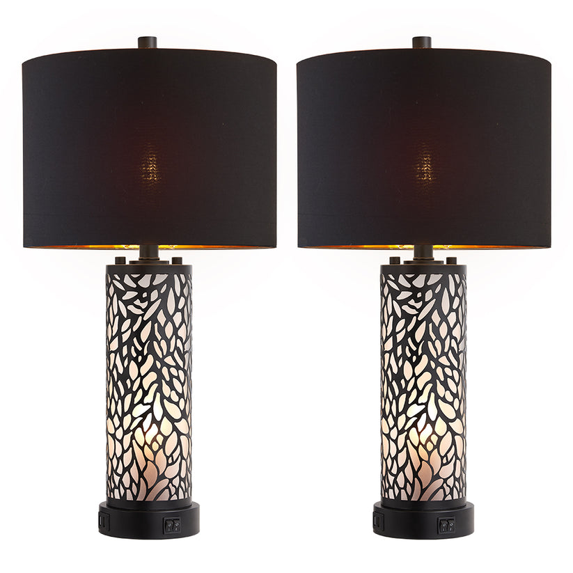 2Pc Geo Sculptural Table Lamps w. Night Light & USB, Black Metal+Glass ...